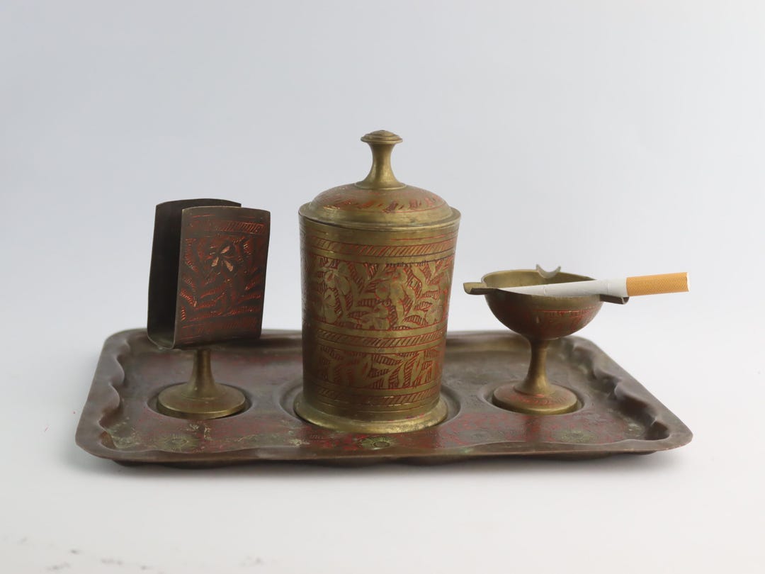 Vintage Brass Tabletop Smoker Set With Tray, Cigarette Holder Desk Case ...