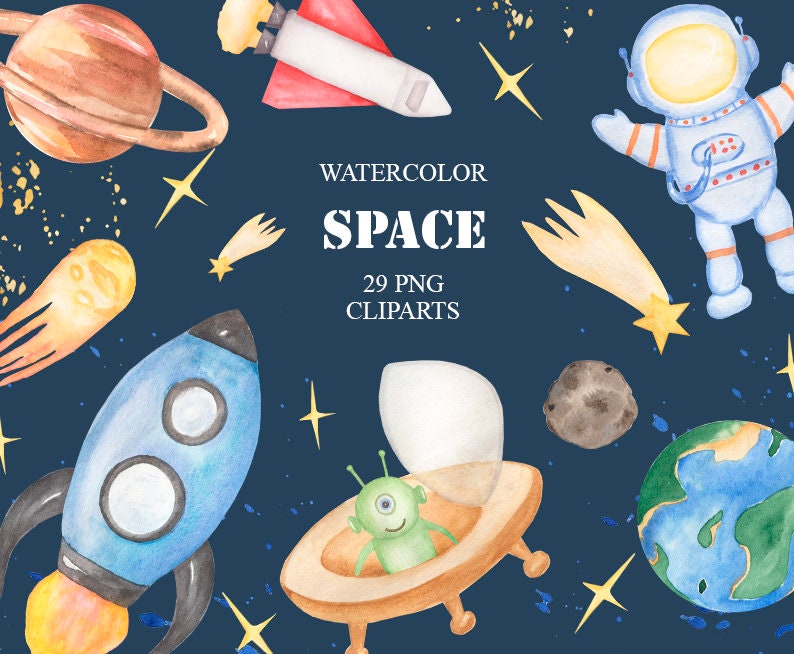 Rocket Ship Alien Watercolor Space Clipart Galaxy Planets PNG Files ...