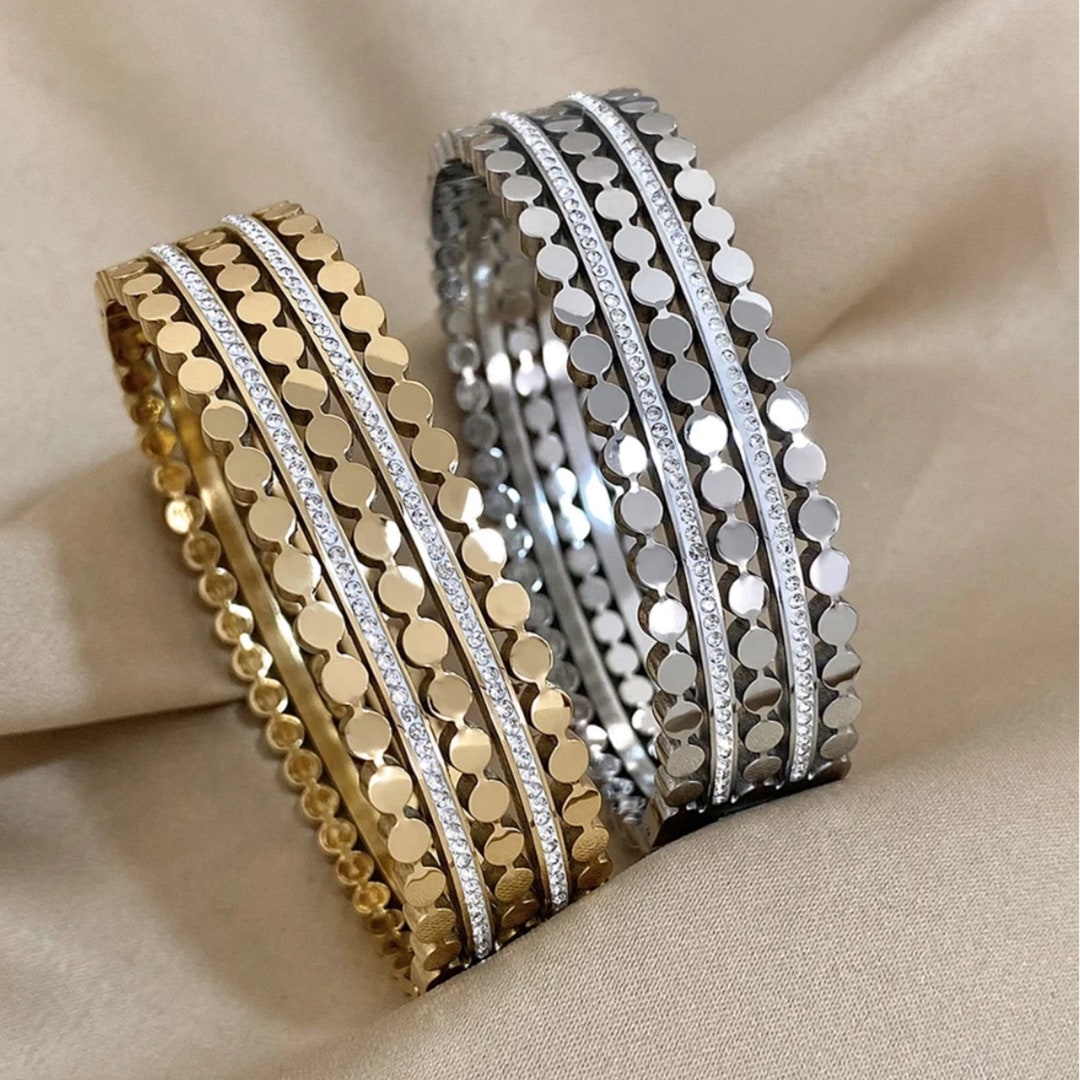 CZ Multiple Rows Stainless Steel Bangle Bracelet Gold and Silver - Etsy