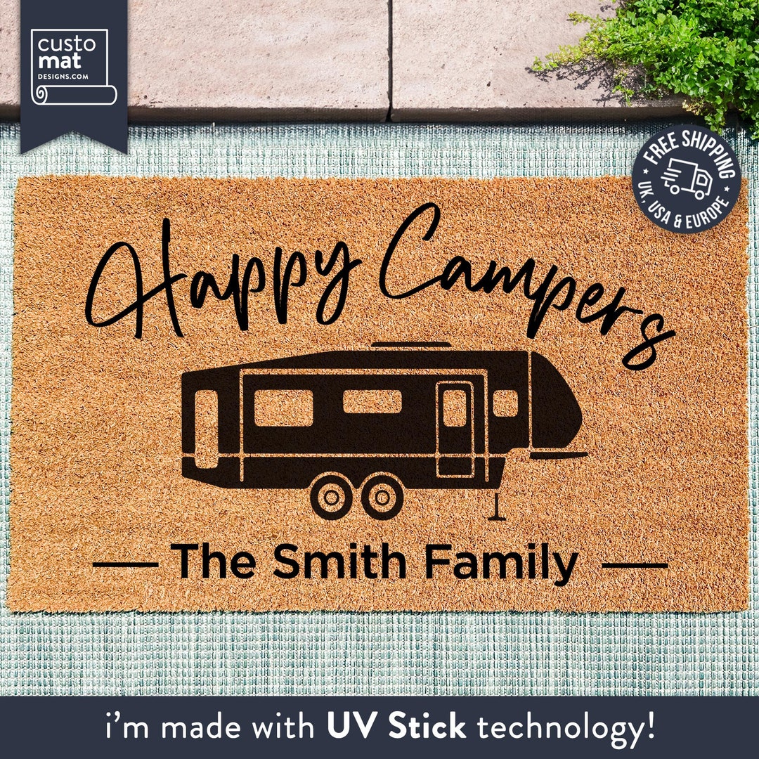 Happy Campers Customised Door Mat - Pull Along Caravan - Travel Doormat ...