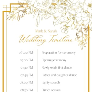 Gold Floral Wedding Timeline Template | Instant Download Wedding ...