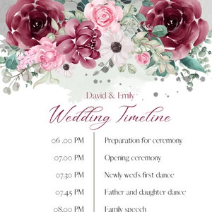 Burgundy Floral Wedding Timeline Template | Printable Timeline ...