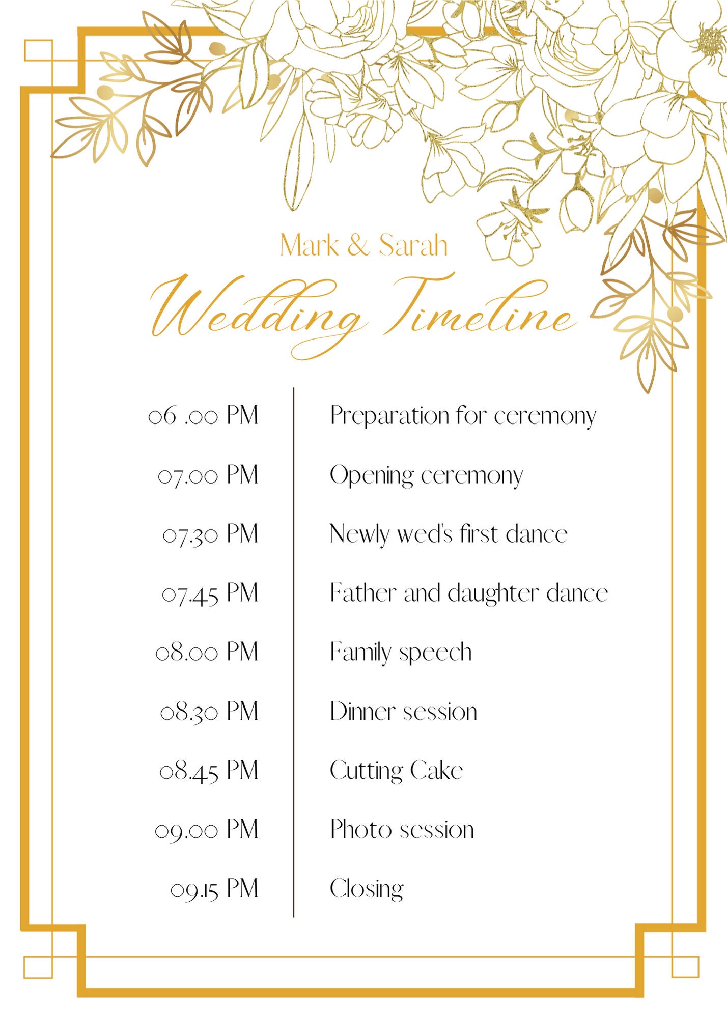 Gold Floral Wedding Timeline Template | Instant Download Wedding ...