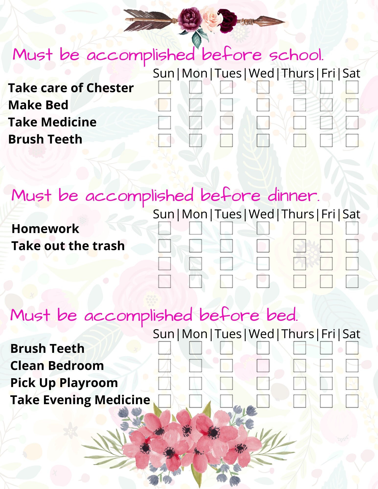 ADHD Task Focus Checklist Template | Instant Download Template |floral ...