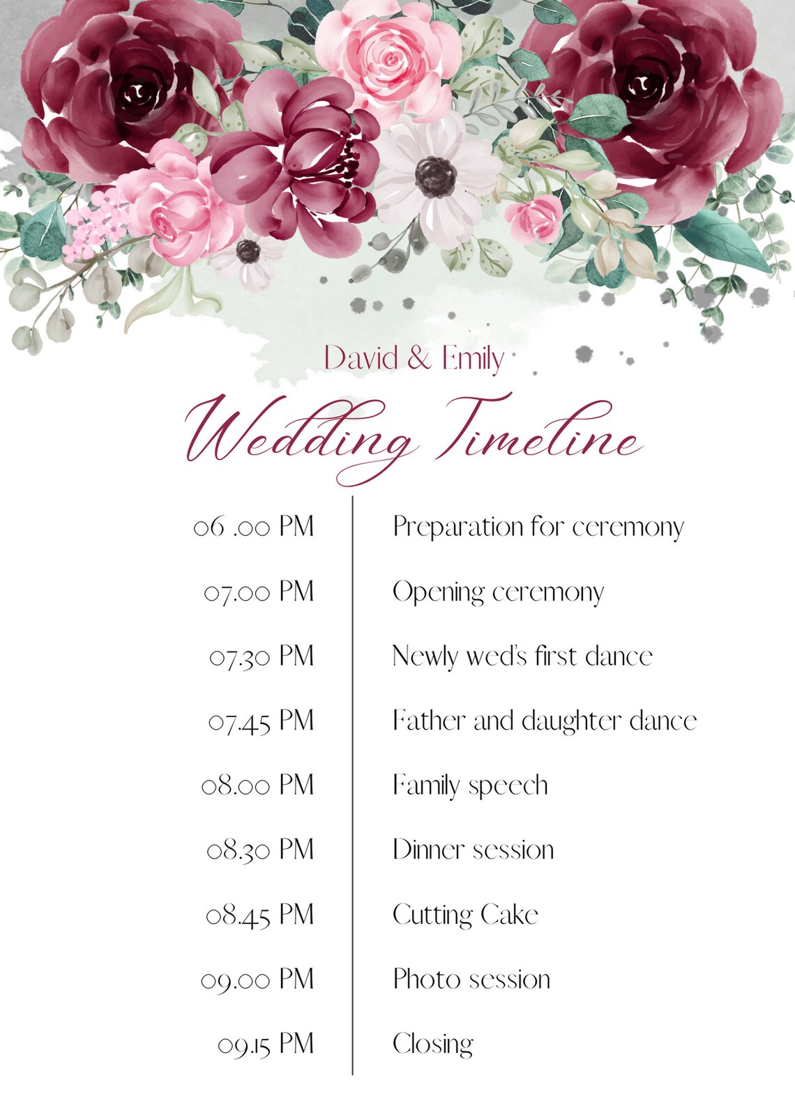 Burgundy Floral Wedding Timeline Template Printable Timeline Instant ...