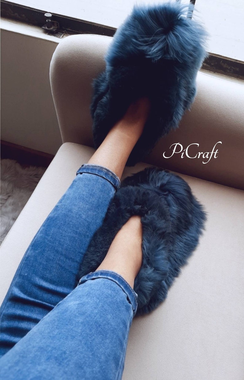 Alpaca Slippers Blue Slippers Unisex Alpaca Fur Slippers - Etsy