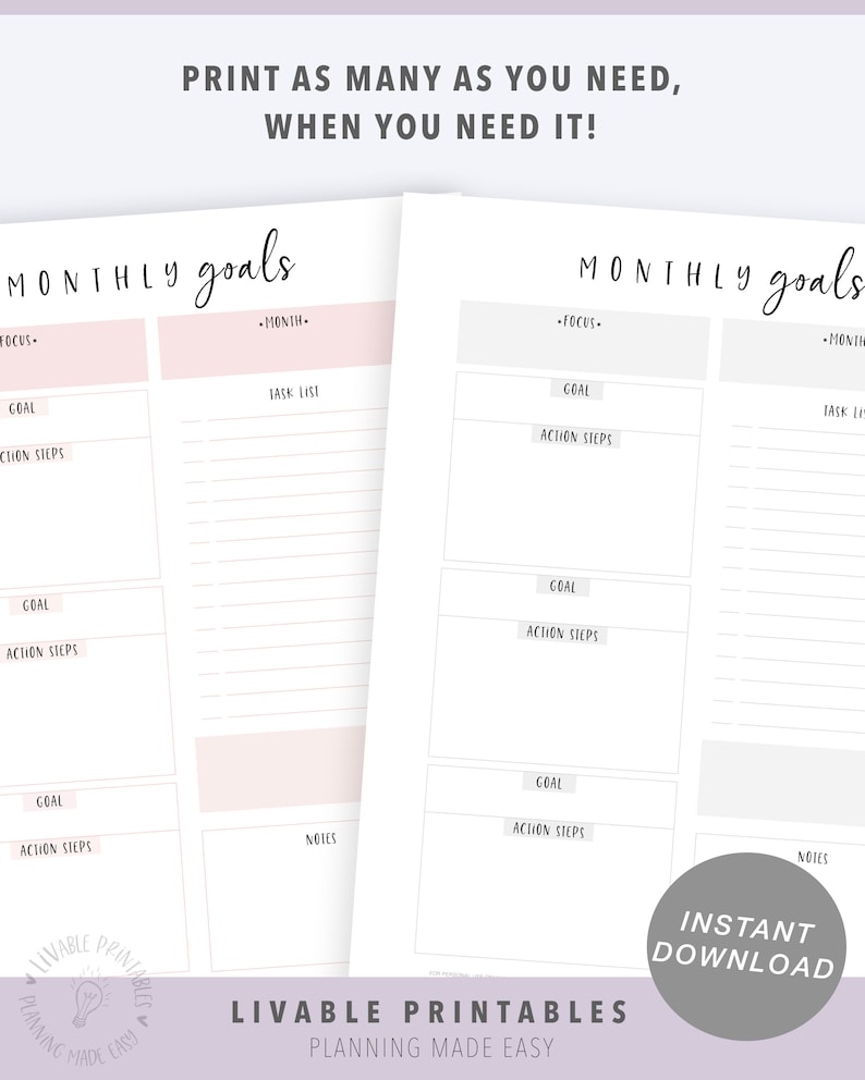 Monthly Goal Planner | Printable PDF - Etsy