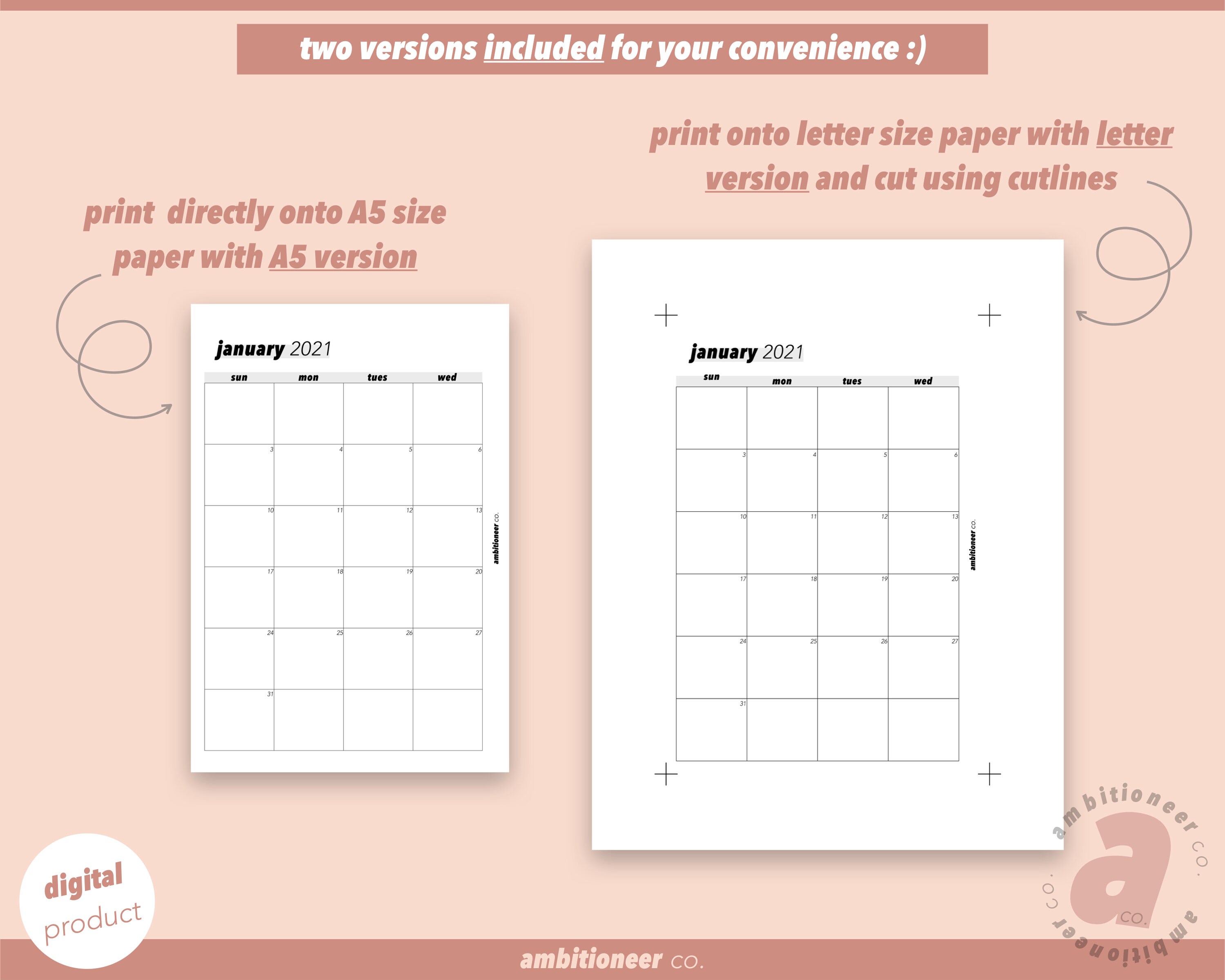 2021 Monthly Planner Printable | A5 Planner Insert | Dated Monthly on ...