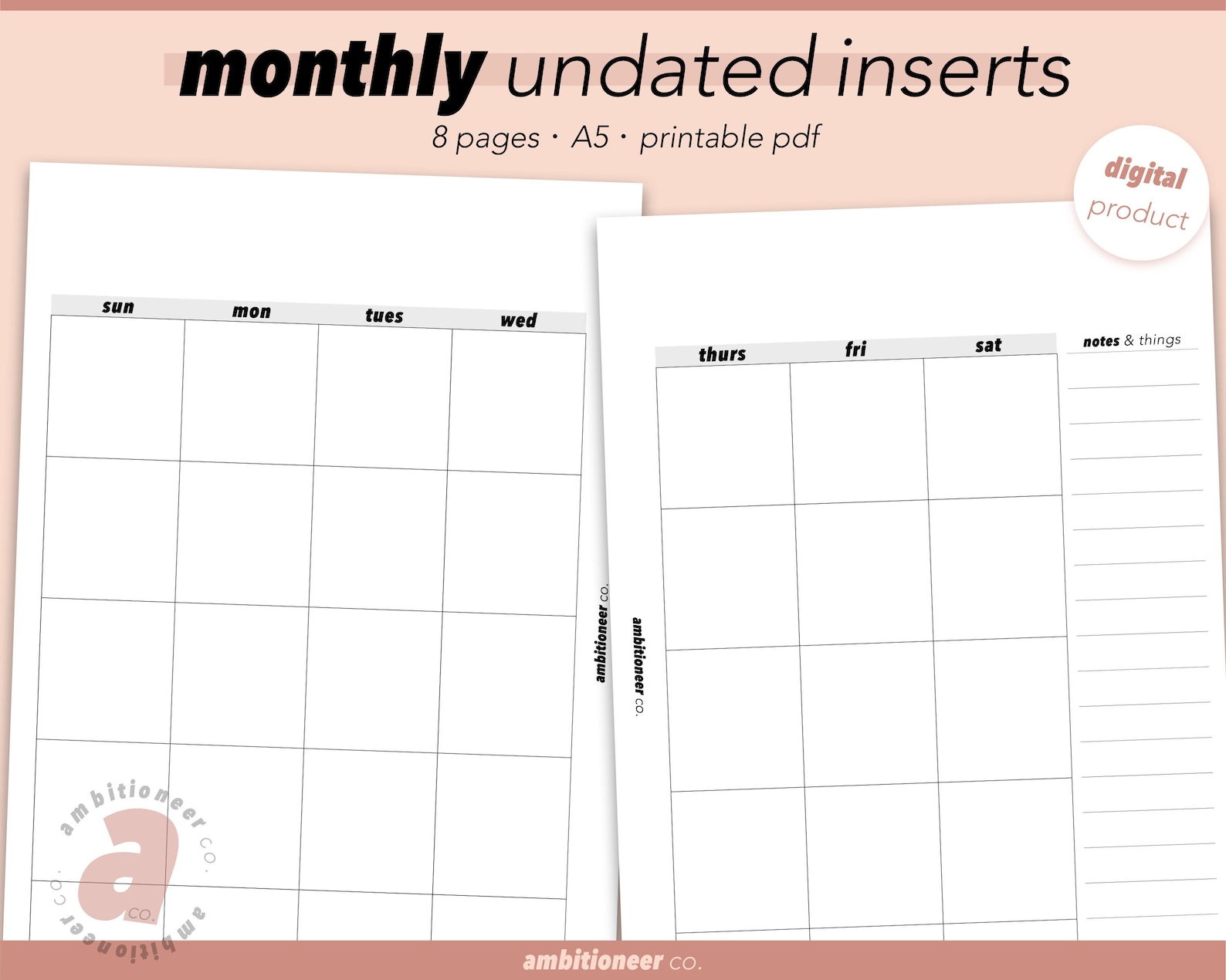 Undated Monthly Planner Printable A5 Planner Insert - Etsy