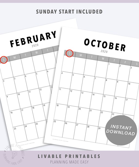2020 Calendar Printable A4 Letter Calendar Etsy