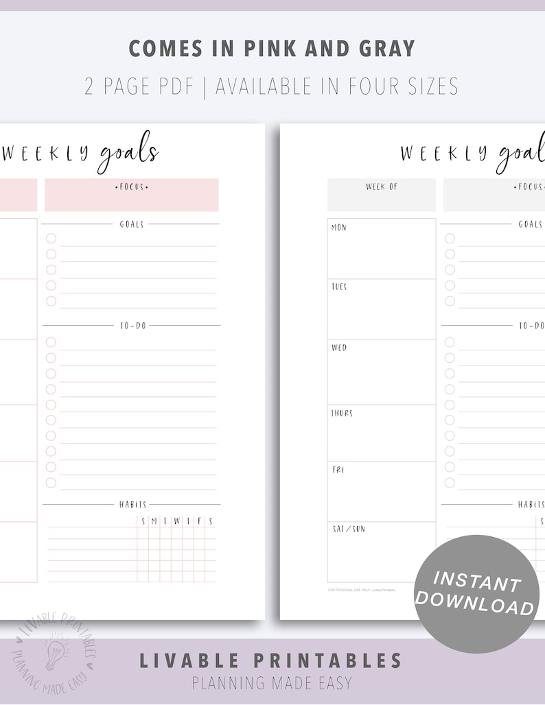 Weekly Goal Planner | Printable PDF - Etsy