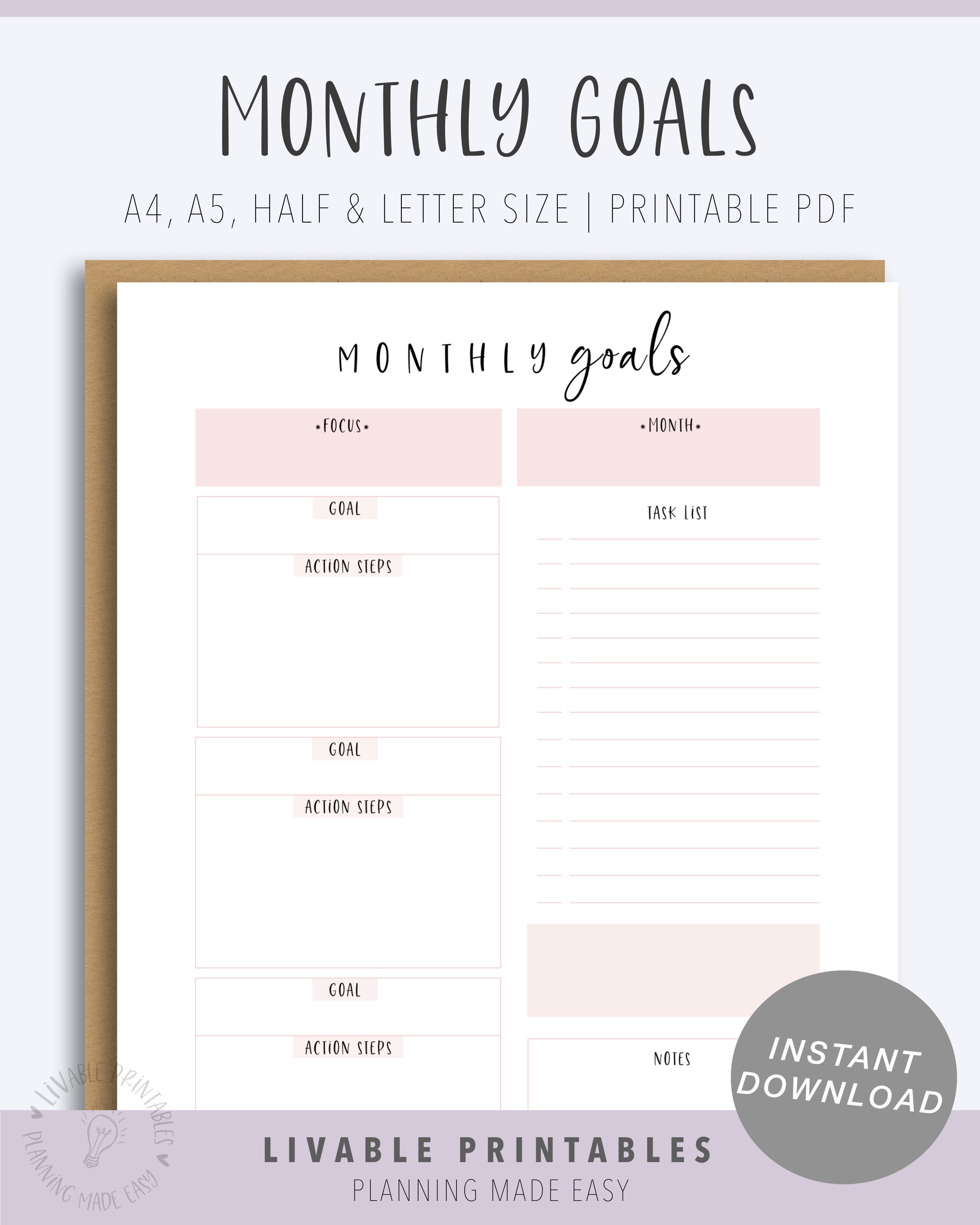 Monthly Goal Planner | Printable PDF - Etsy