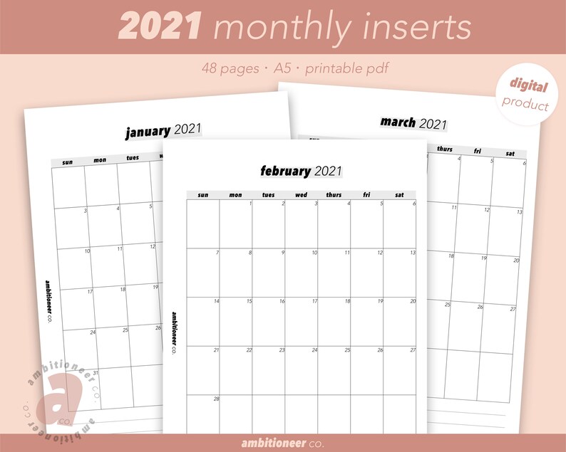 2021 Monthly Planner Printable A5 Planner Insert Dated Monthly on One ...