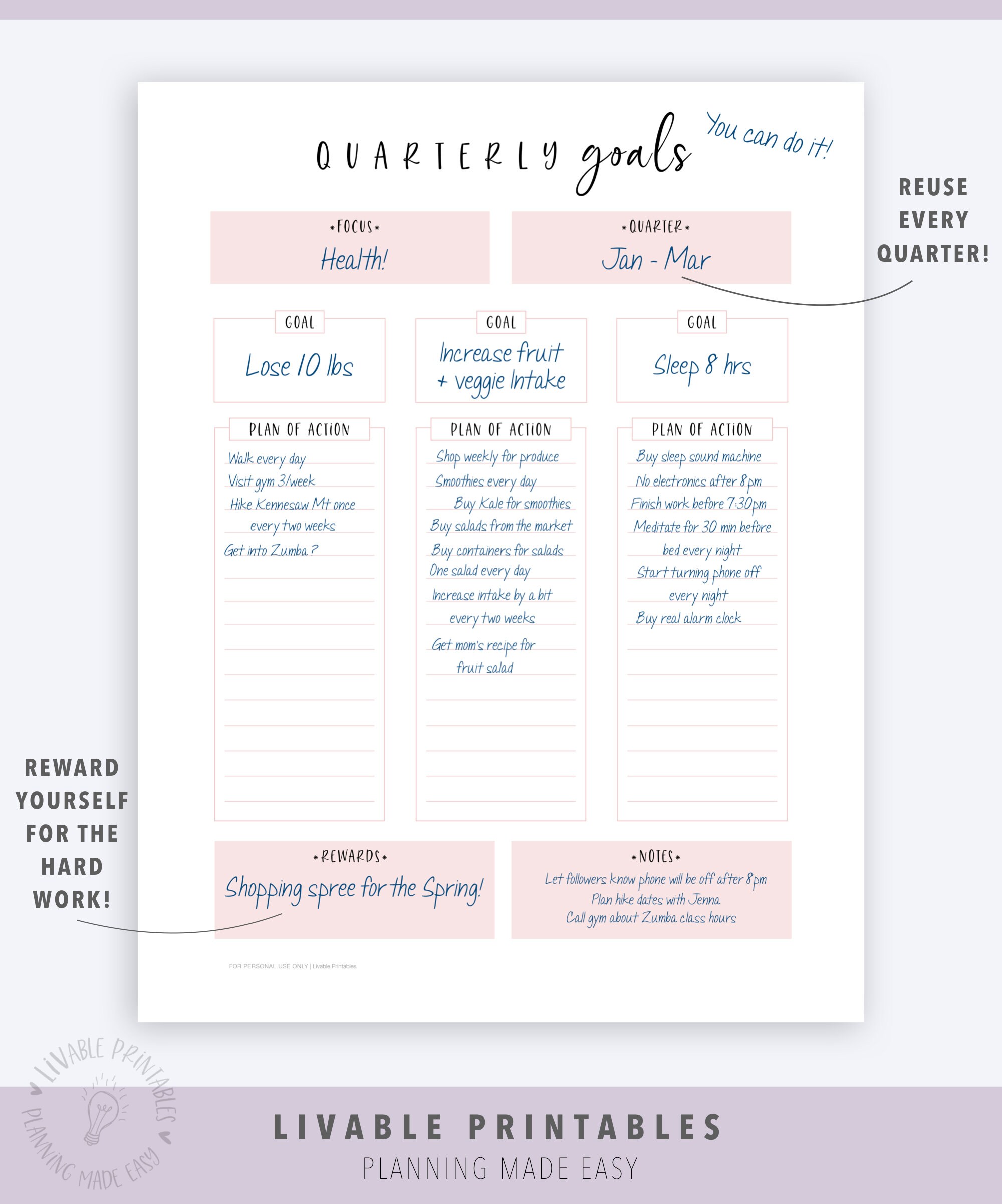 Quarterly Goal Planner | Printable PDF - Etsy