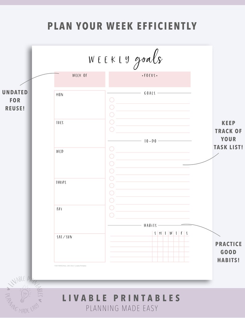 Weekly Goal Planner | Printable PDF - Etsy