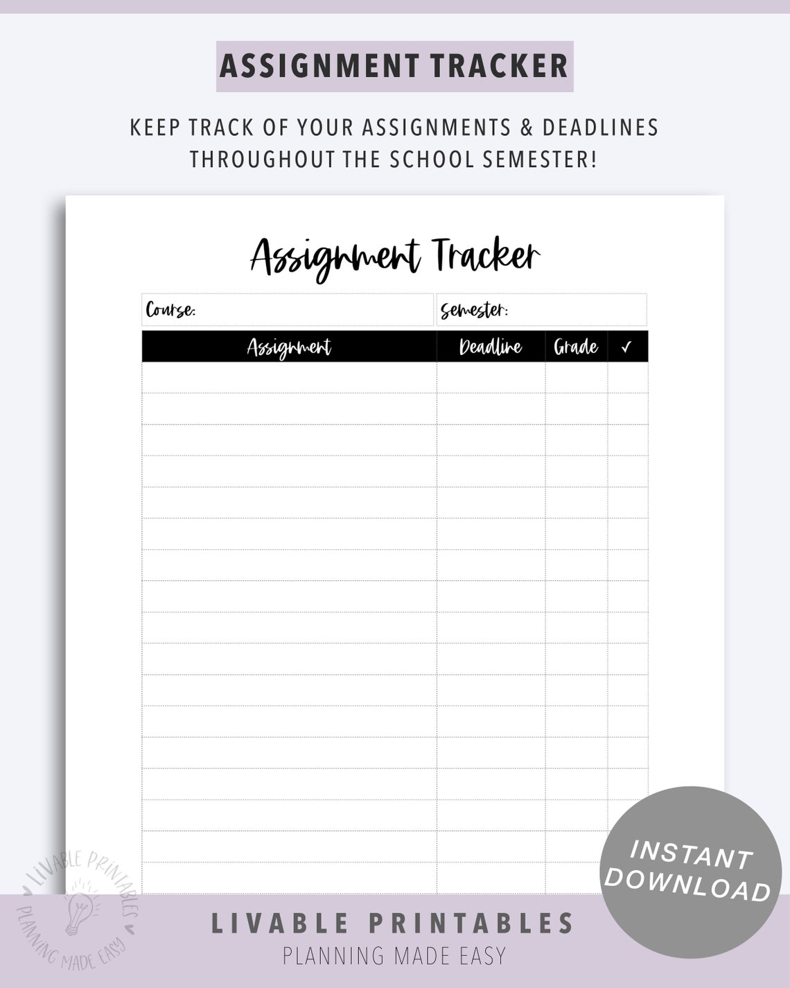 Assignment Tracker Printable Student Planner, College Student Planner ...