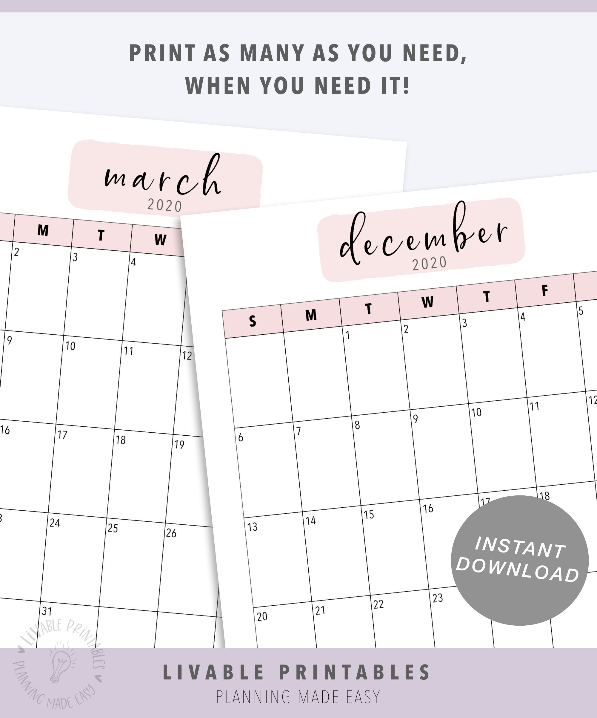 2020 Printable Calendar One-page Monthly Calendar A4 & Letter - Etsy