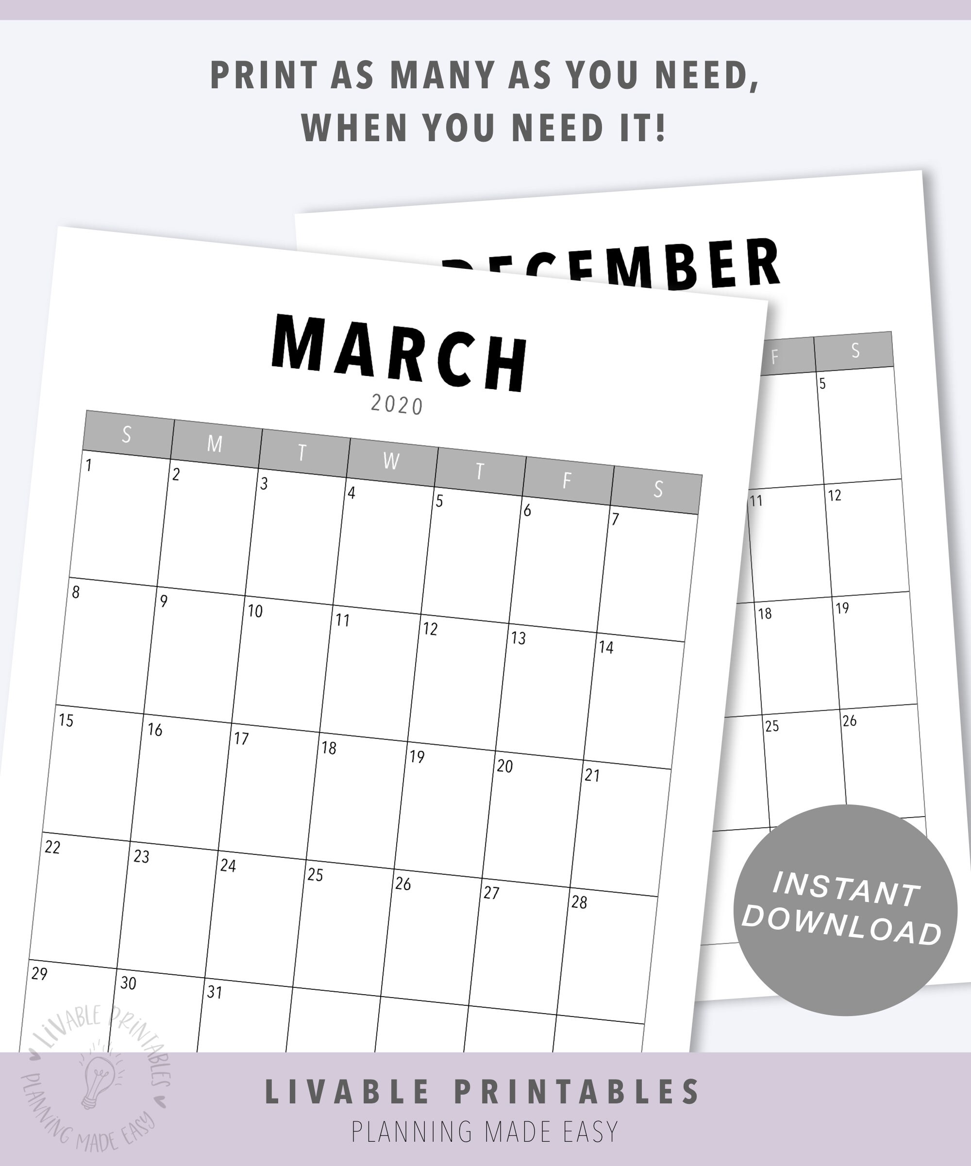 2020 Calendar Printable | A4 & Letter Calendar - Etsy