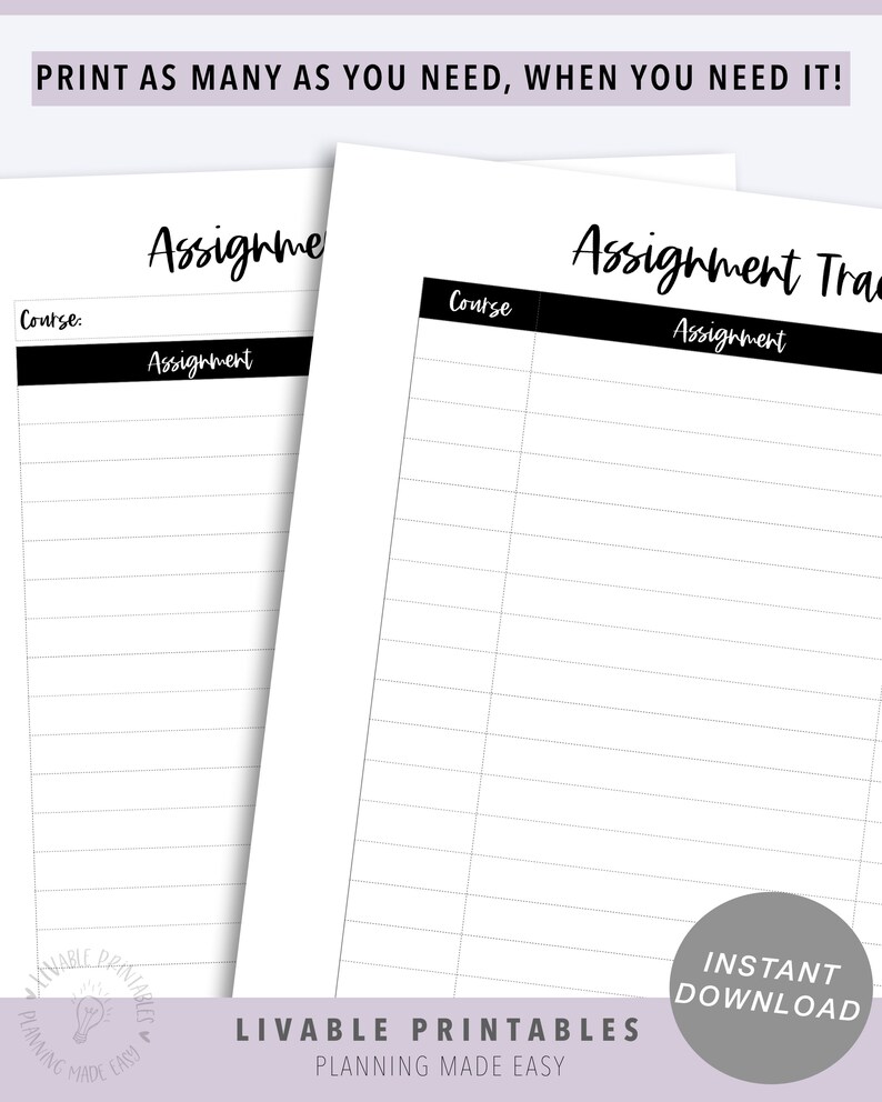 Assignment Tracker Printable Student Planner, College Student Planner ...