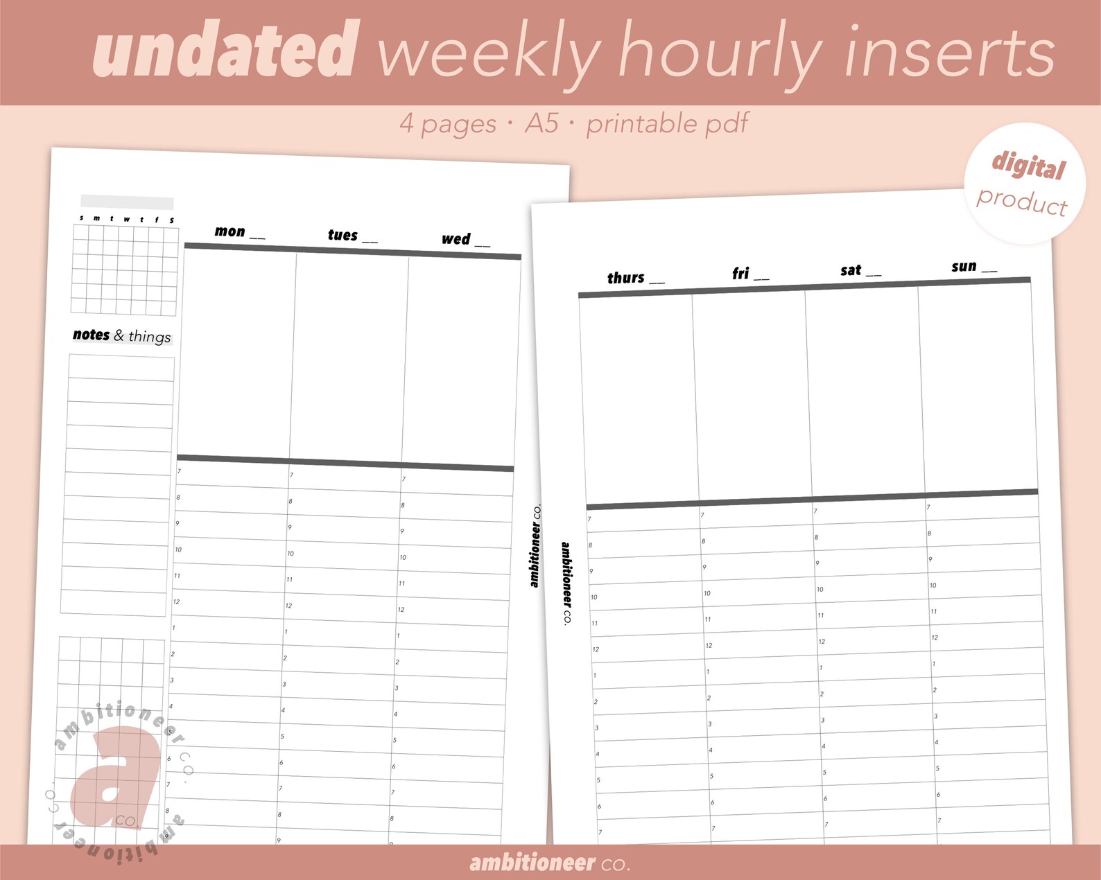 Undated Hourly Weekly Planner A5 Weekly Planner Printable - Etsy