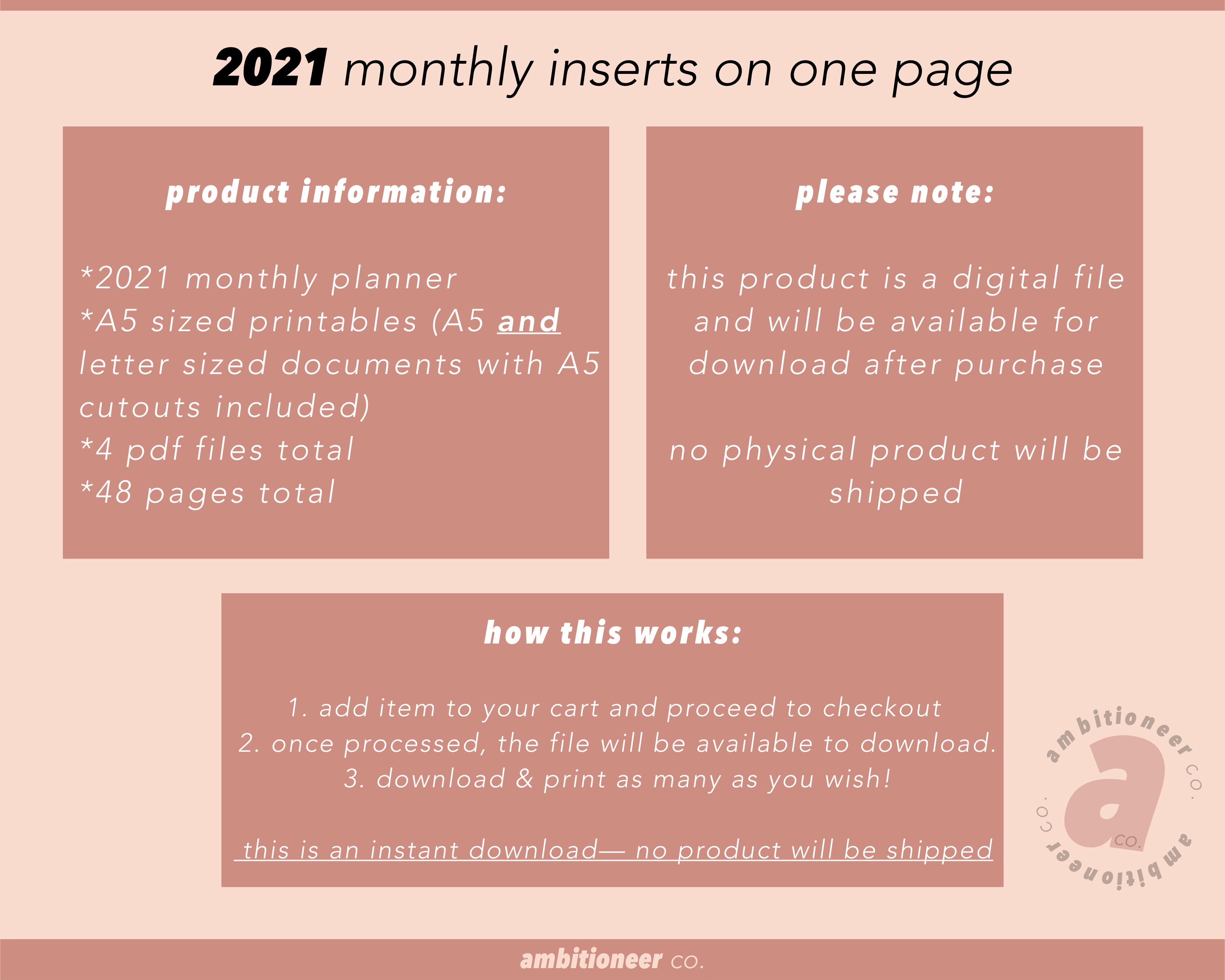2021 Monthly Planner Printable A5 Planner Insert Dated Monthly on One ...
