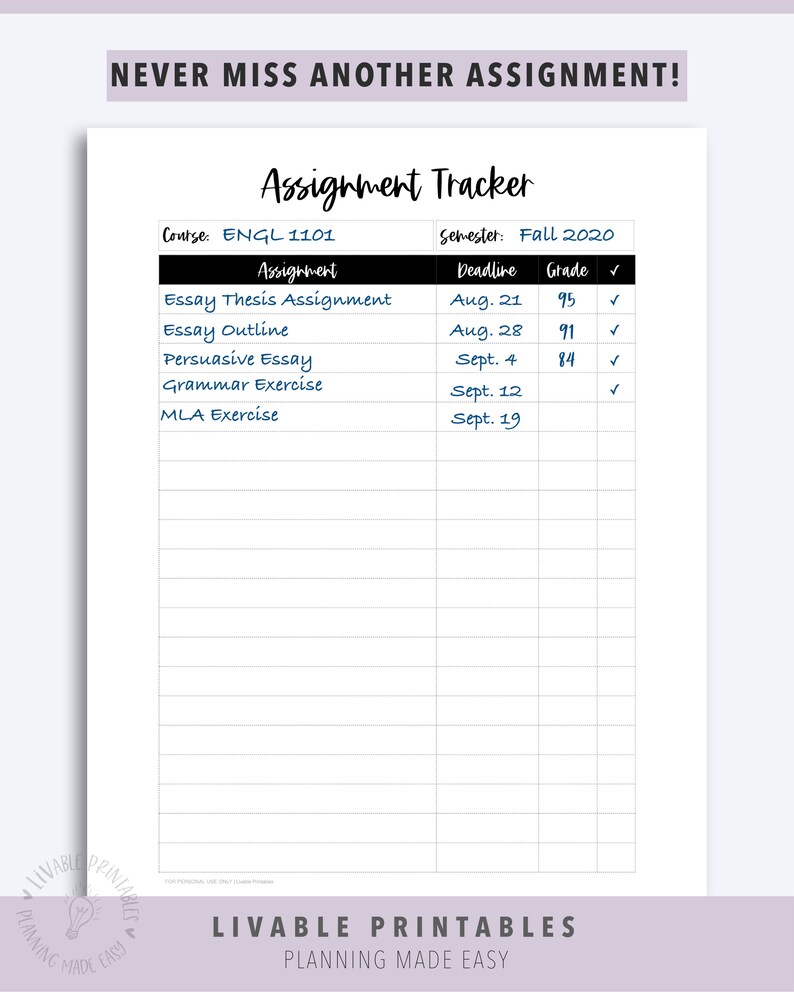 Assignment Tracker Printable Student Planner, College Student Planner ...