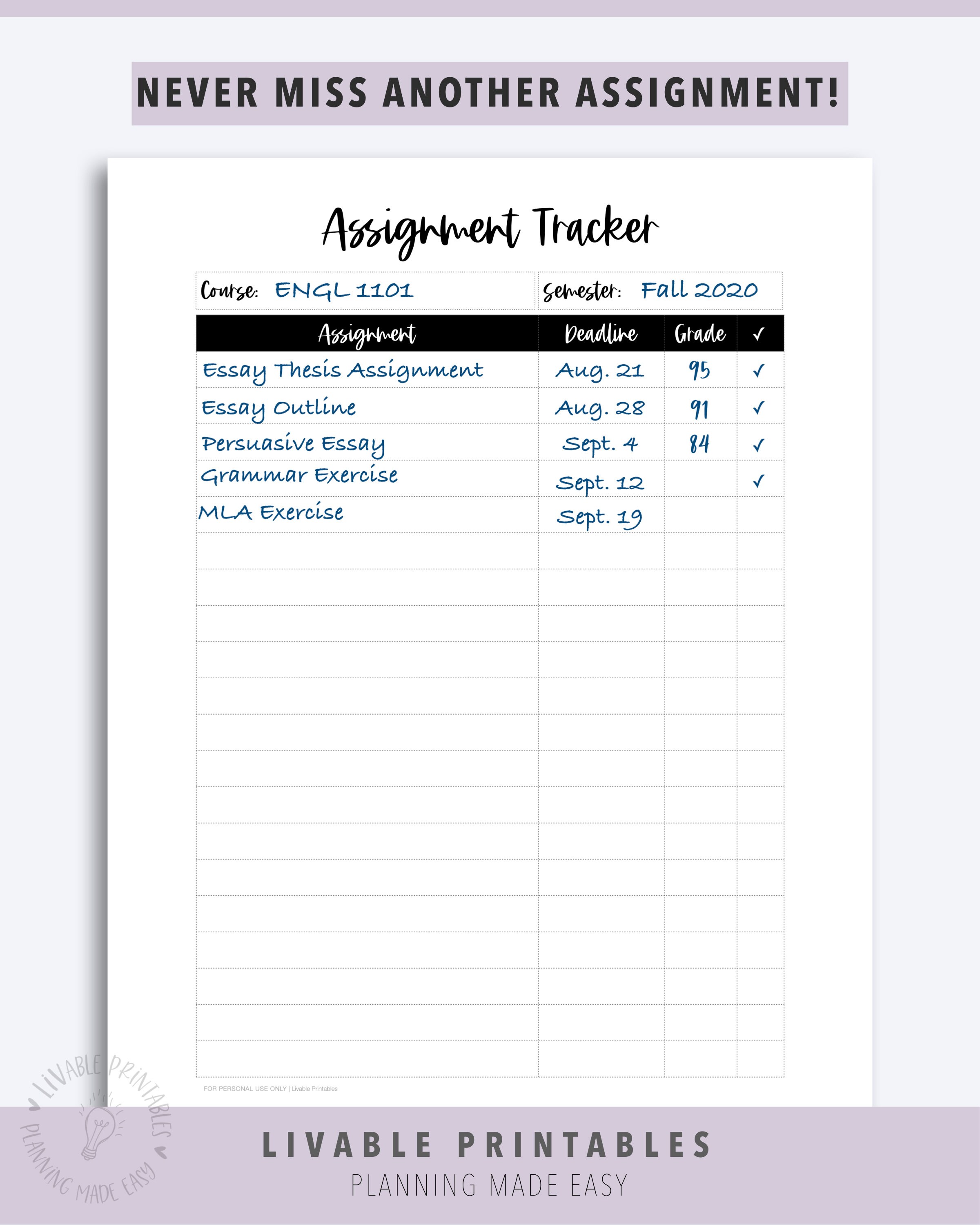 Assignment Tracker Printable | Student Planner, College Student Planner ...