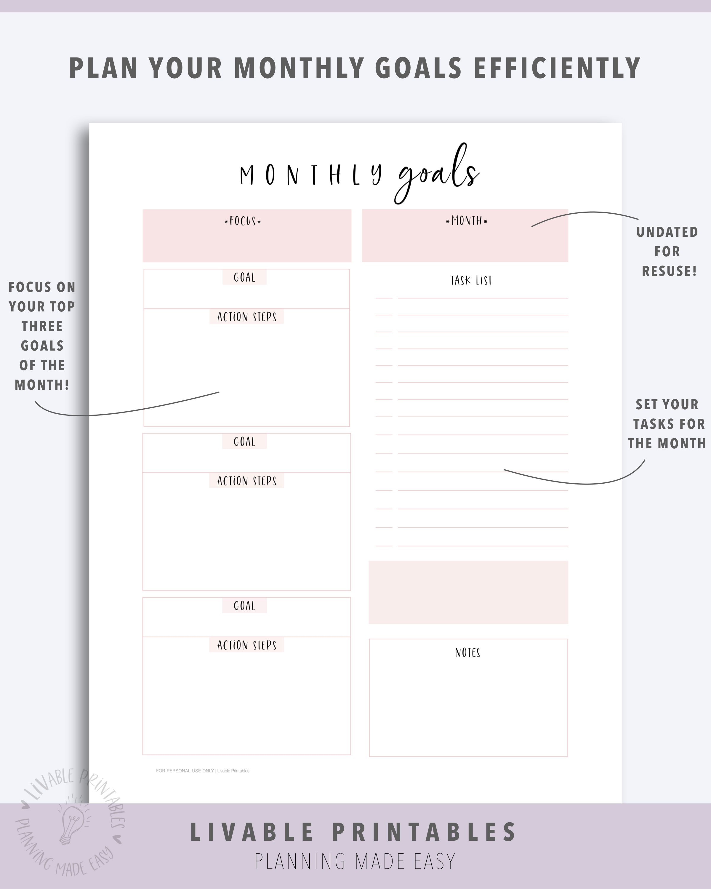 Monthly Goal Planner | Printable PDF - Etsy