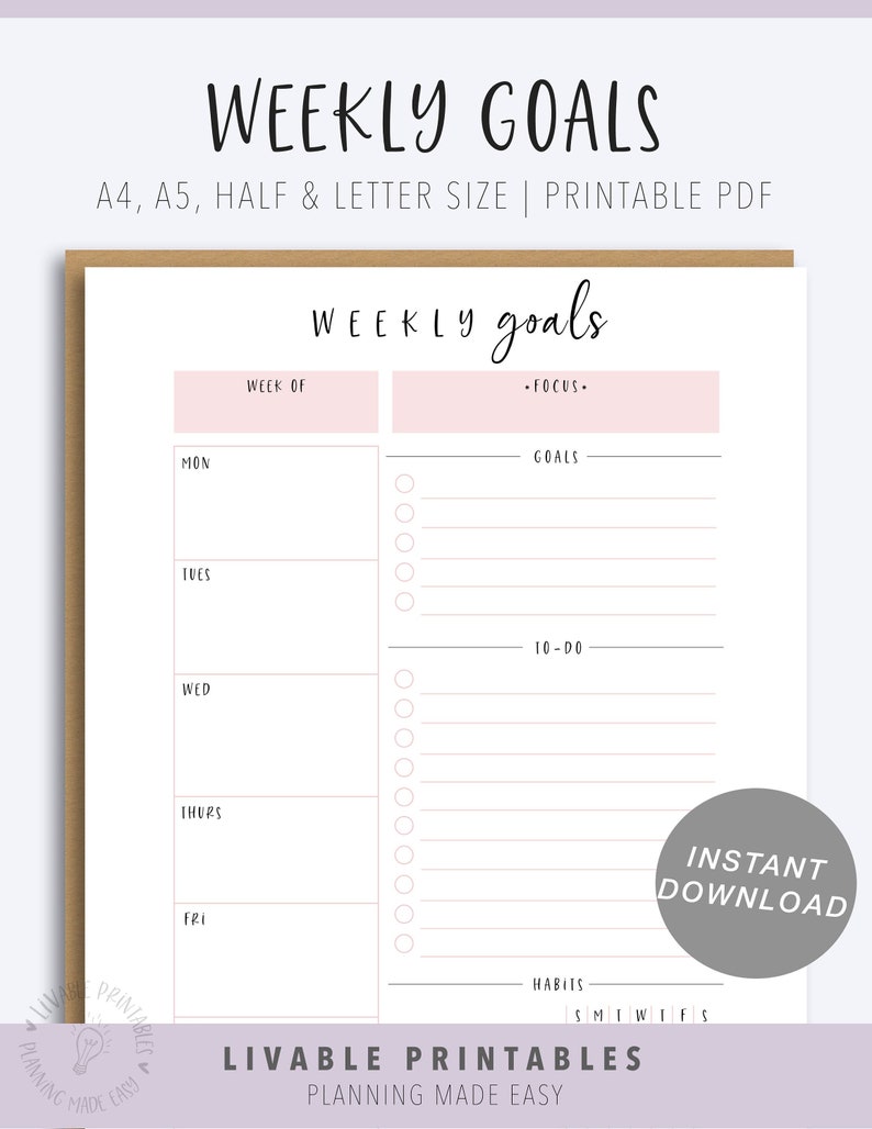 Weekly Goal Planner | Printable PDF - Etsy