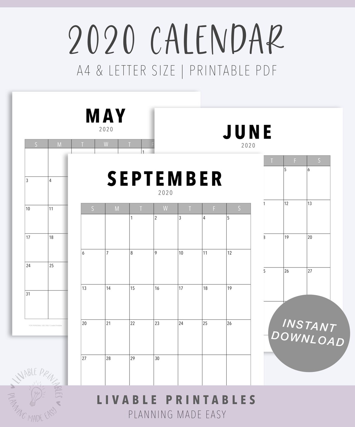 2020 Calendar Printable A4 & Letter Calendar - Etsy