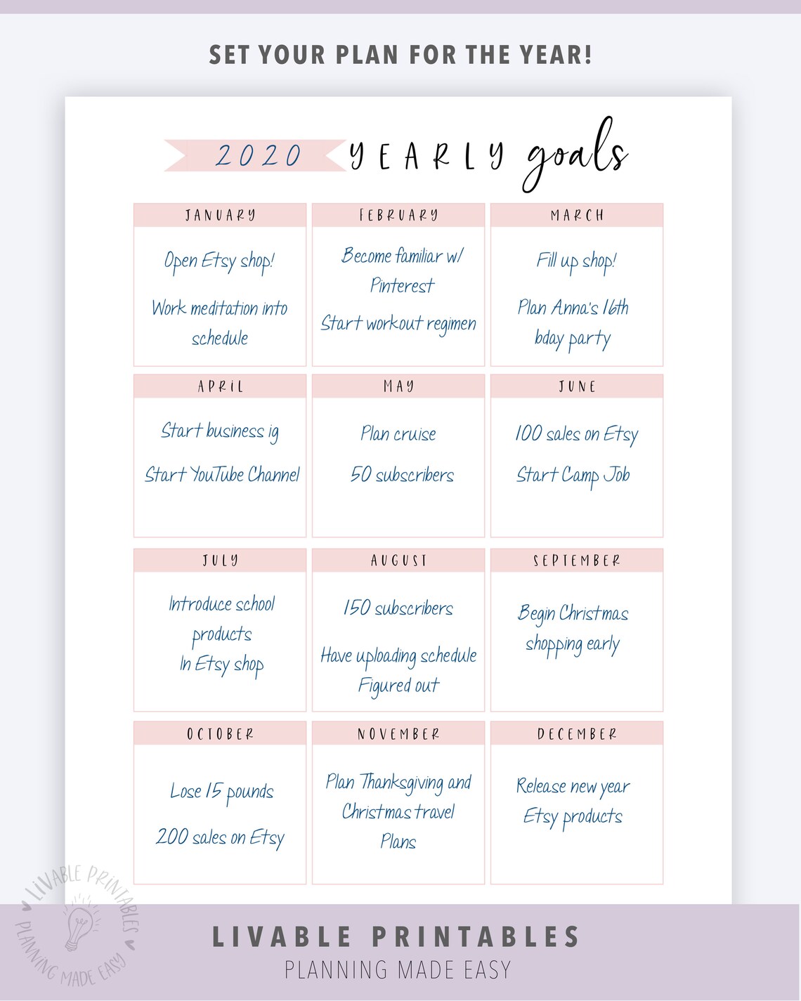 2020 Yearly Goal Planner | Printable PDF - Etsy