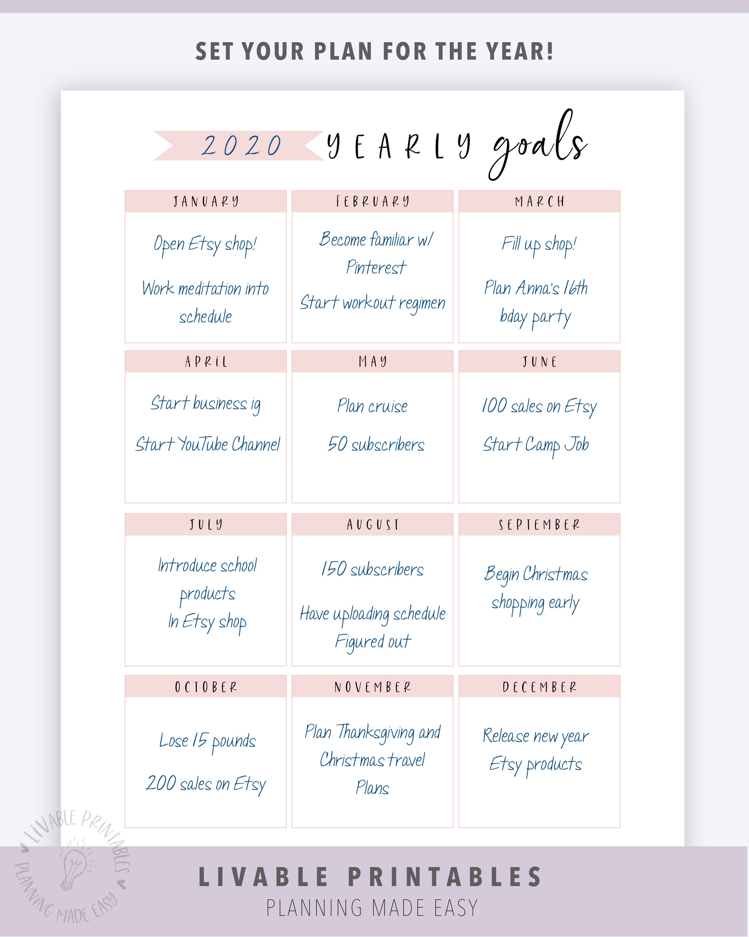 2020 Yearly Goal Planner | Printable PDF - Etsy
