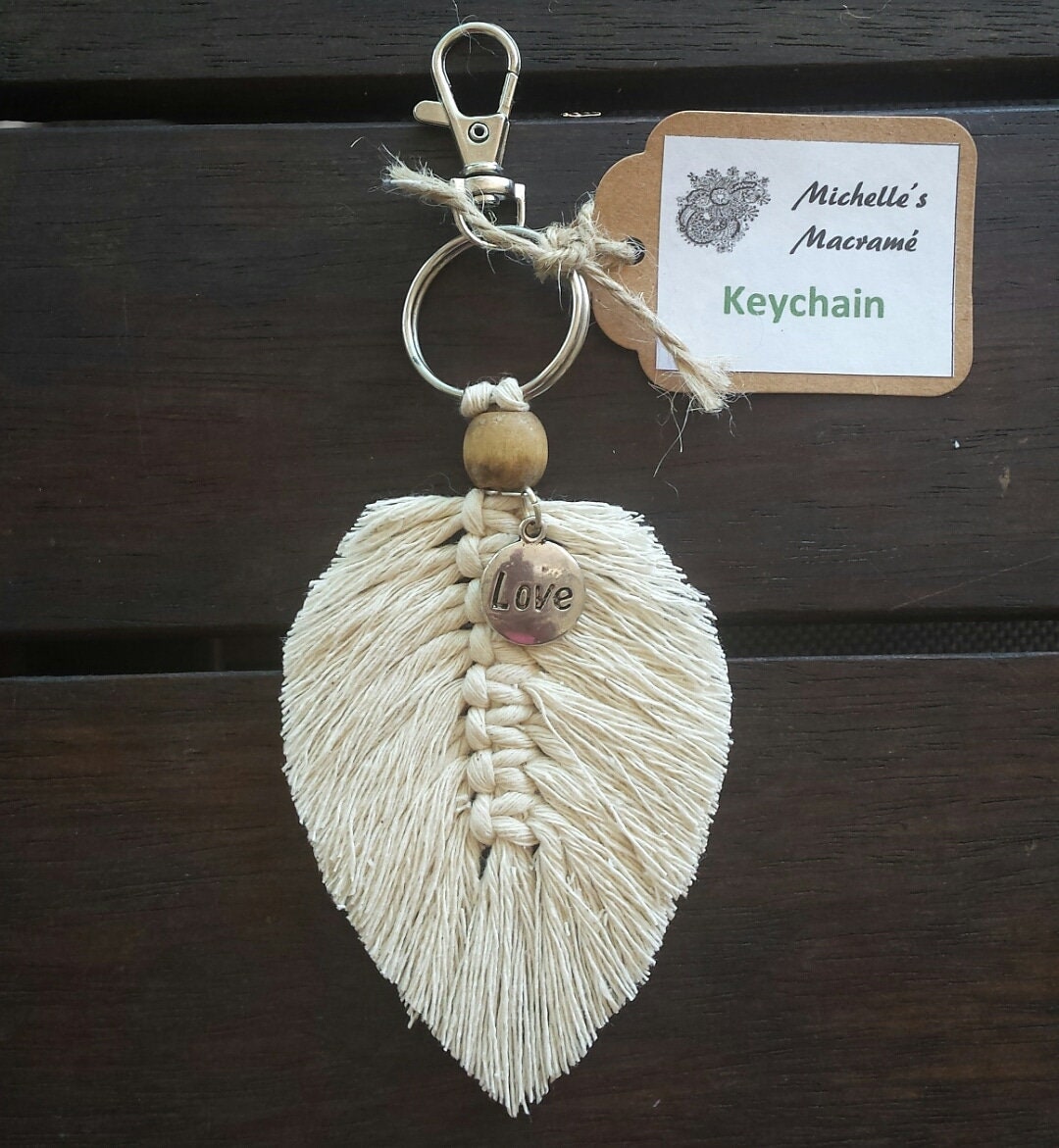 Hand-made Macrame Feather Keychain With Wooden Bead and Charm | Etsy