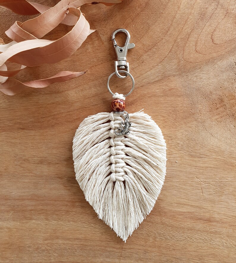 Hand-made Macrame Feather Keychain With Wooden Bead and Charm | Etsy