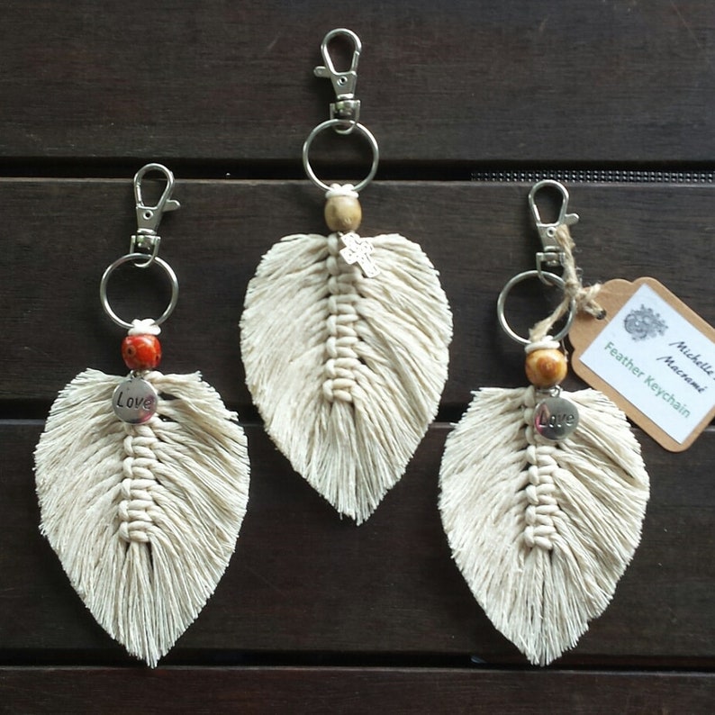 Hand-made Macrame Feather Keychain With Wooden Bead and Charm | Etsy