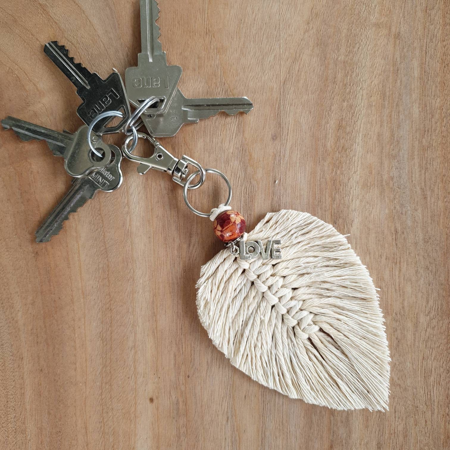 Hand-made Macrame Feather Keychain With Wooden Bead and Charm - Etsy ...