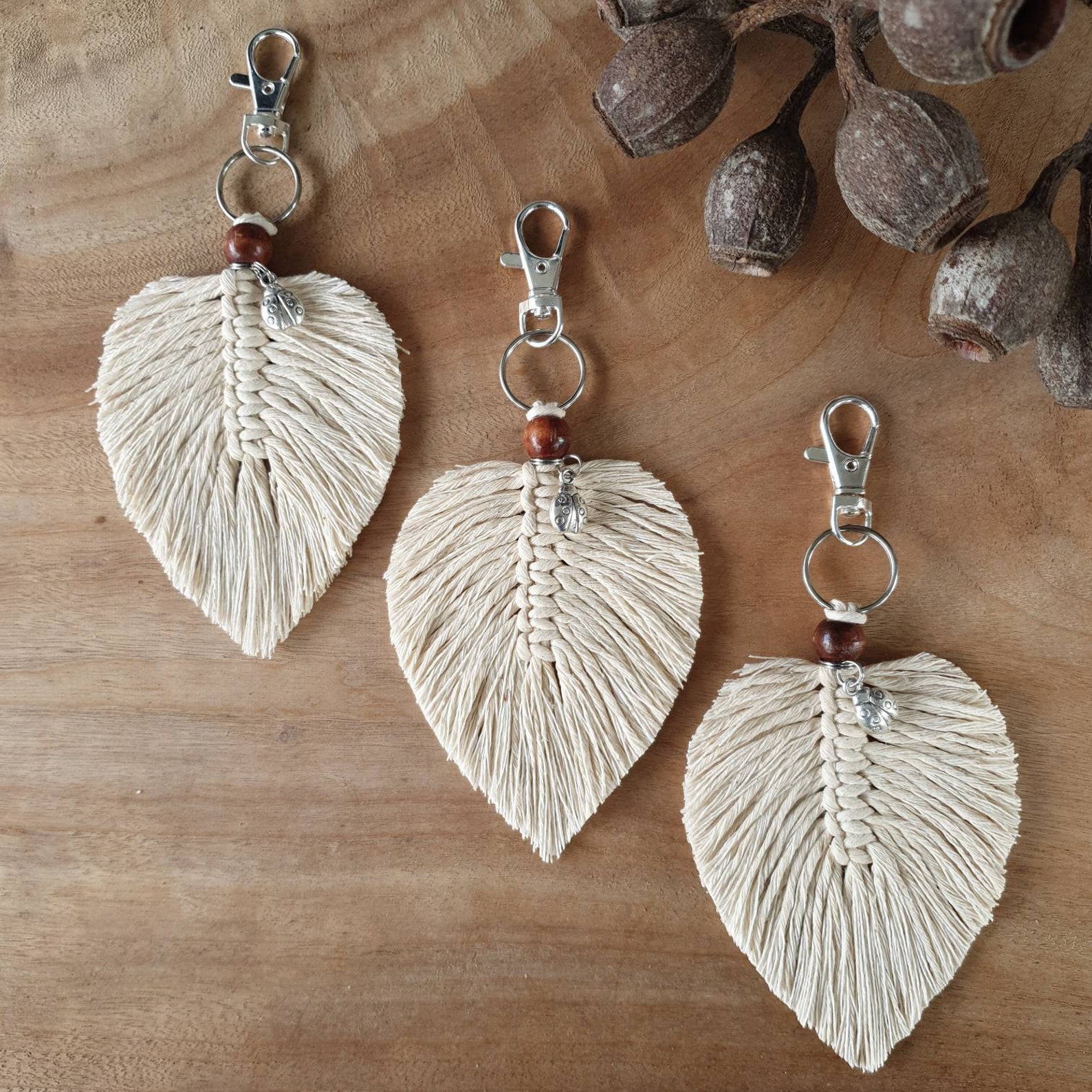 Hand-made Macrame Feather Keychain With Wooden Bead and Charm - Etsy ...