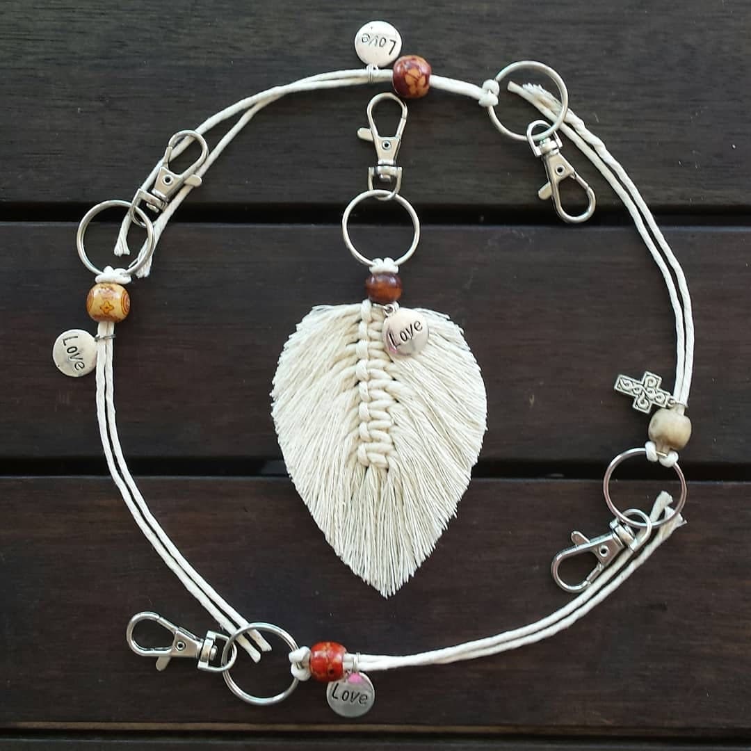 Hand-made Macrame Feather Keychain With Wooden Bead and Charm - Etsy