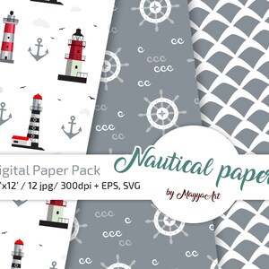 Nautical Paper Pack, Digital Paper, Seamless Pattern, Neutral Blue ...