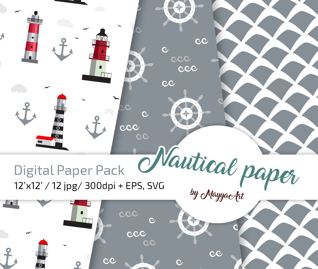 Nautical Paper Pack, Digital Paper, Seamless Pattern, Neutral Blue ...