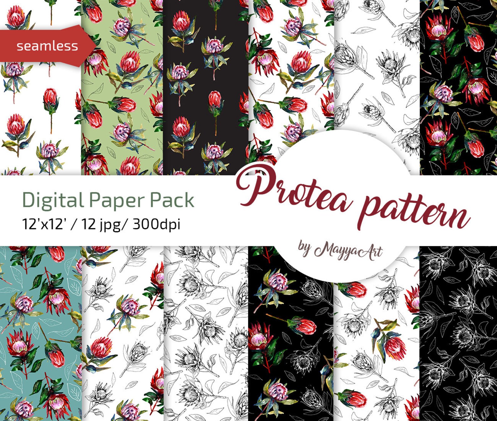Protea Fabric, Watercolor Seamless Pattern, Line Drawing, Tropical ...