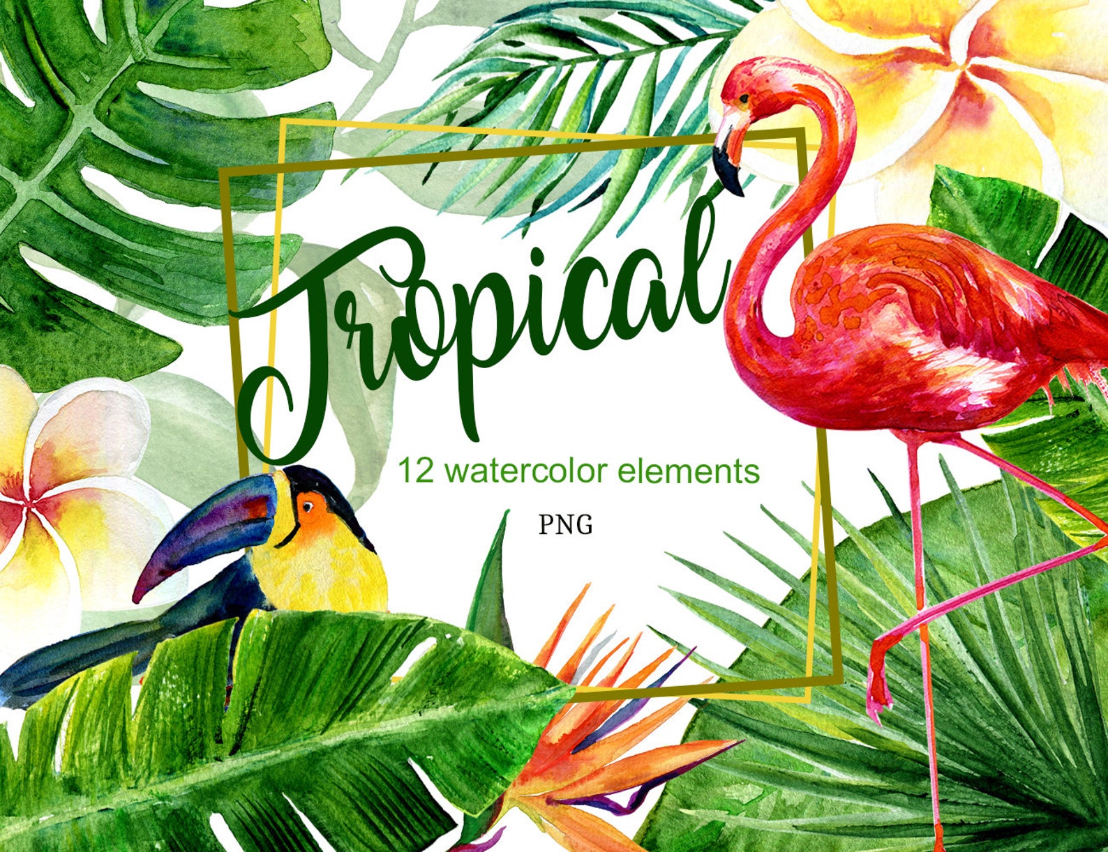 Watercolor Tropical Flowers, Toucan, Flamingos Clipart, Hawaii ...