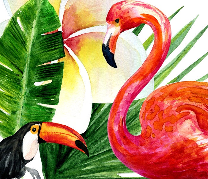 Watercolor Tropical Flowers, Toucan, Flamingos Clipart, Hawaii ...