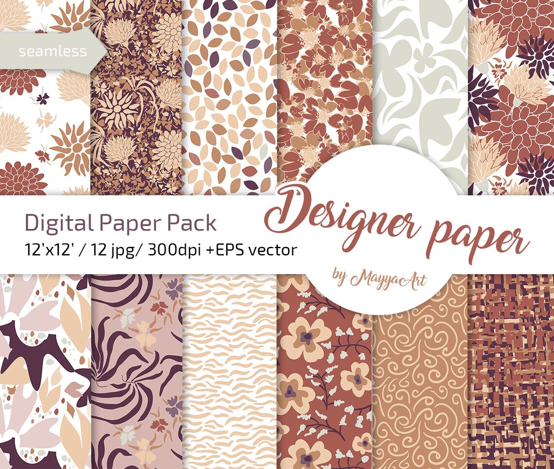 Boho Vector Digital Paper, Scrapbook Paper, Seamless Patterns, Digital ...
