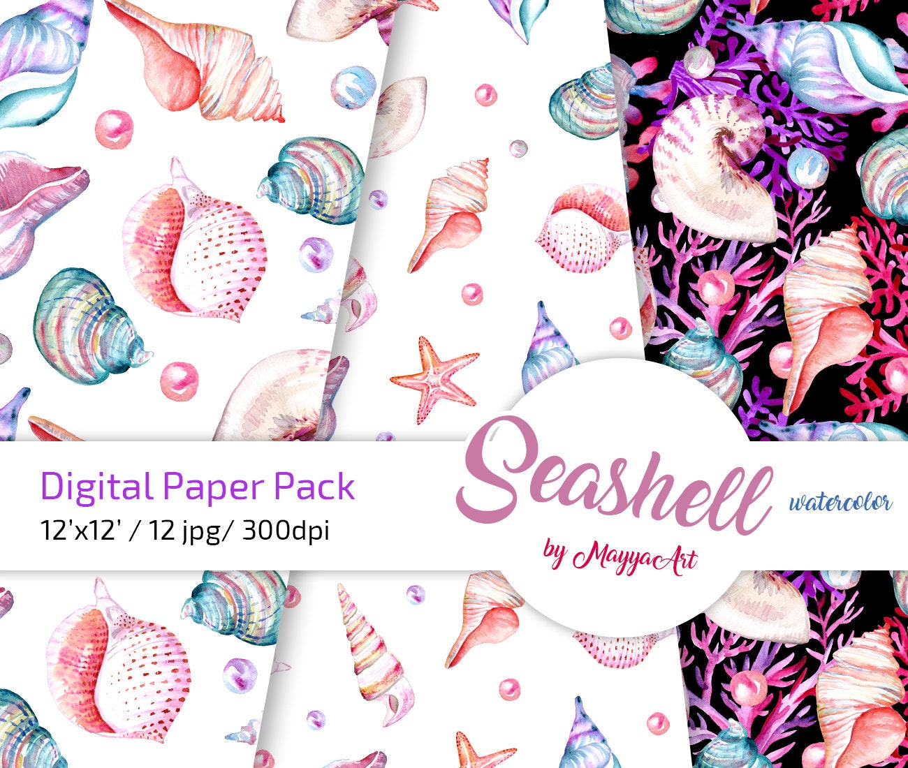 Watercolor Seamless Patterns Seashells Corals Digital Paper Clipart