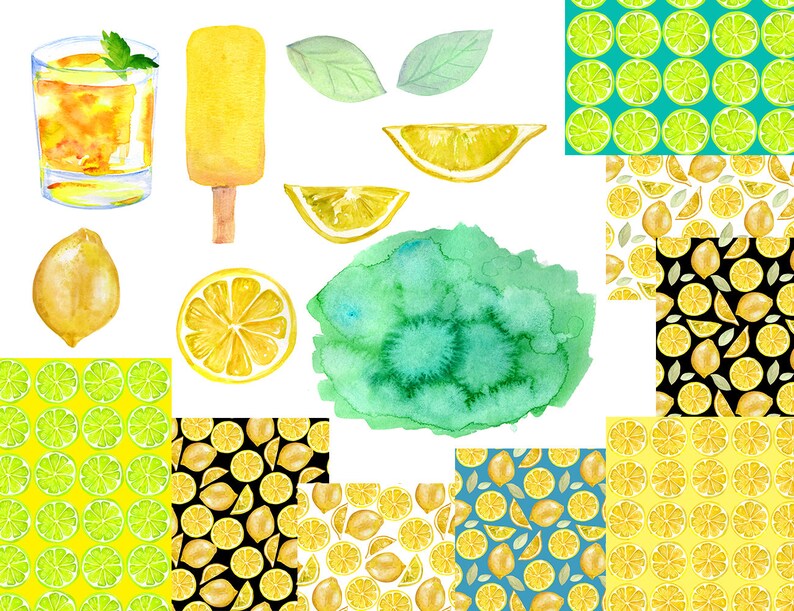 Lemon Clipart and Seamless Patterns, Fruit Clipart Lemons Citrus ...