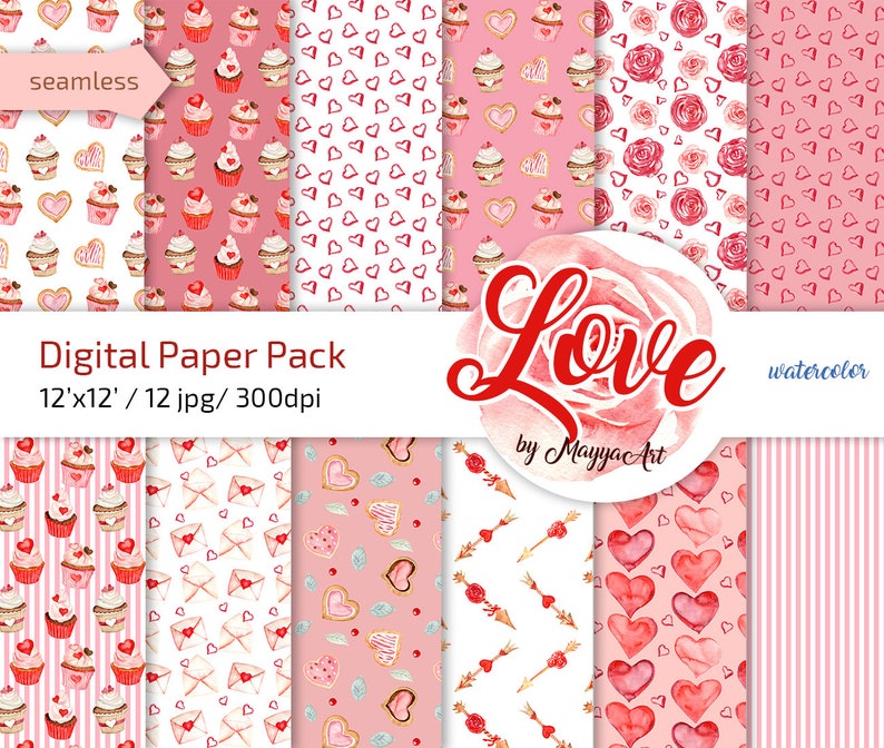 Valentines Day Digital Papers Watercolor Valentine's Seamless Patterns ...