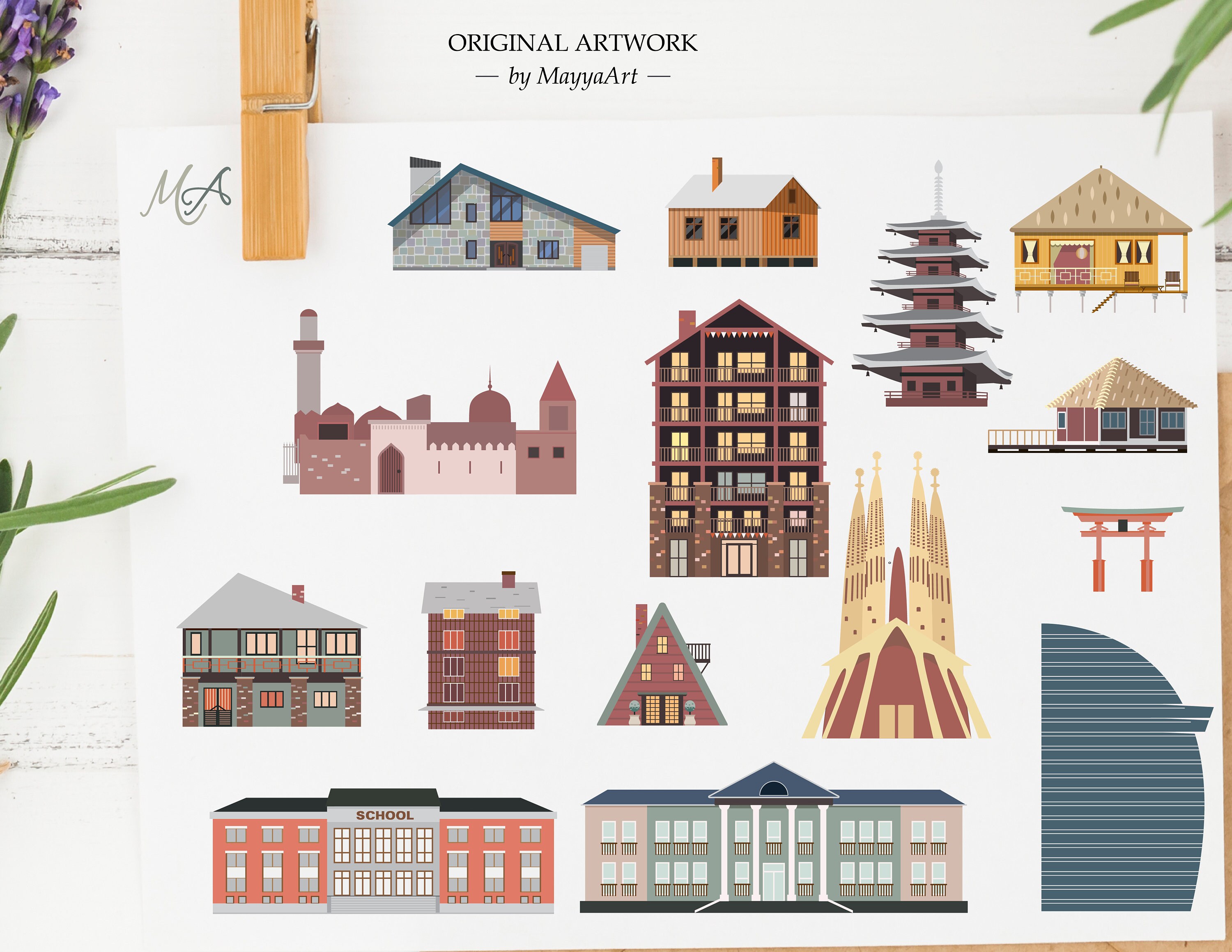 Buildings Clipart Set, Town Clip Art City Logo Png Hand Drawn Country ...