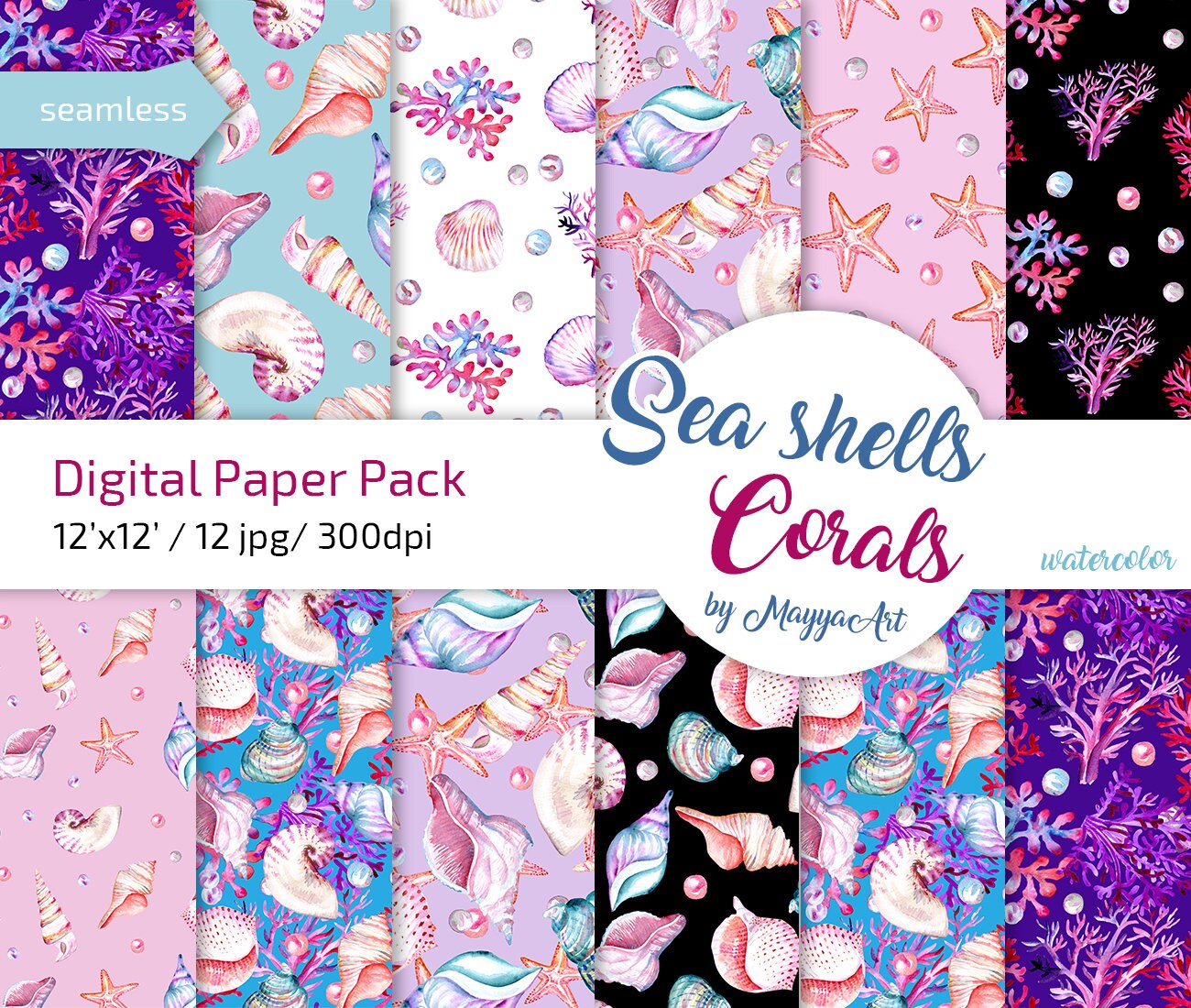 Watercolor Seamless Surface Patterns Seashells, Corals Digital Paper ...