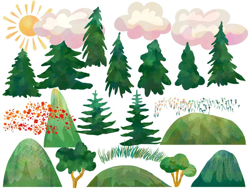 Watercolor Forest Mountains Clipart - Digital Download - Instant ...